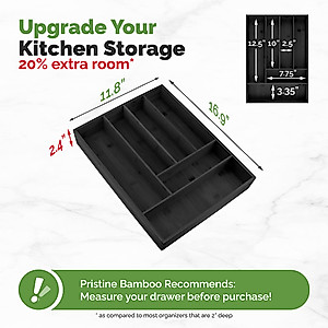 Pristine Bamboo silverware tray organizer– Flatware Utensil Cutlery Silverware Holder for Drawer – Small Extra-Deep Wooden Kitchen Drawer Organizer Divider for Spoons Forks Knives (6-Slots, Black)