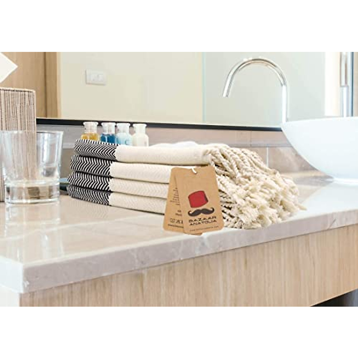 Turkish Hand Towel Set of 4 Herringbone Peshtemal Towel 100% Cotton 45x20" Light Weight Thin Quick Dry Hand Bath Hair Gym Face Tea Kitchen Set Farm House Decor Decorative Bathroom Towel (Black)