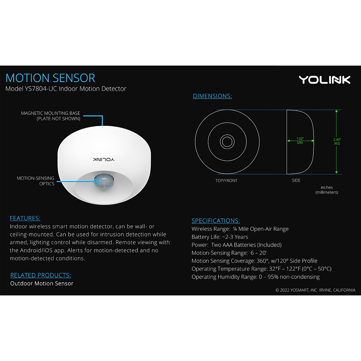 Smart Motion Sensor, YoLink 1/4 Mile World's Longest Range Wireless Motion Detector Compatible with Alexa IFTTT, Movement Detector App Alerts Remote Monitor for Indoor Use, YoLink Hub Included