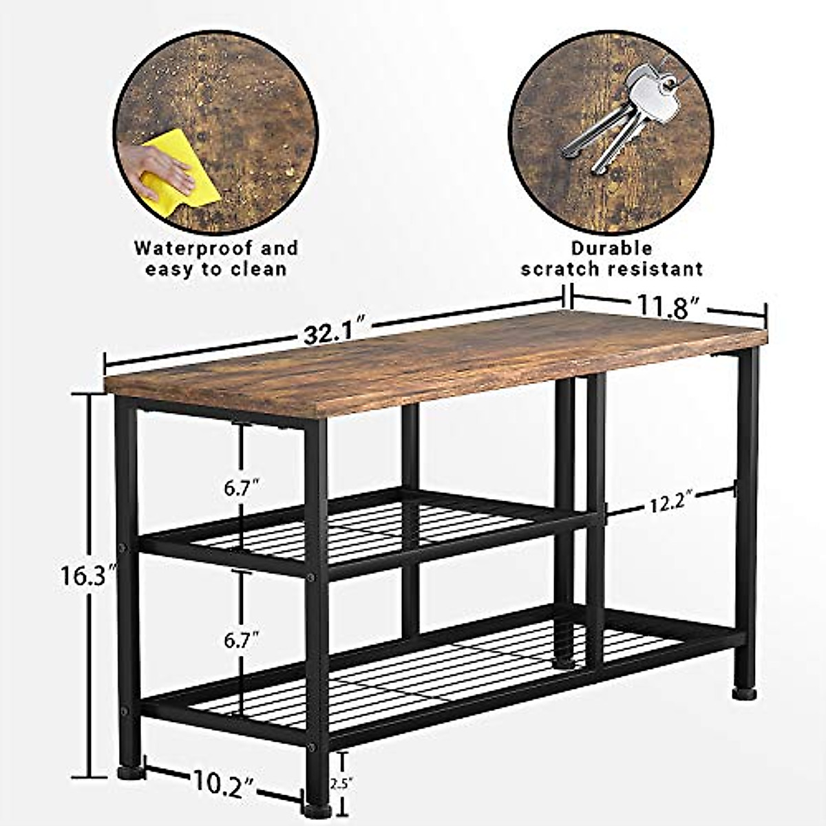 Karcog Shoe Rack Bench for Entryway with Boot Organizer, Industrial Bench with Shoe Storage Shelf, 3-Tier Small Rustic Shoe Rack for Small Spaces, Metal Shoe Rack with Wood Bench