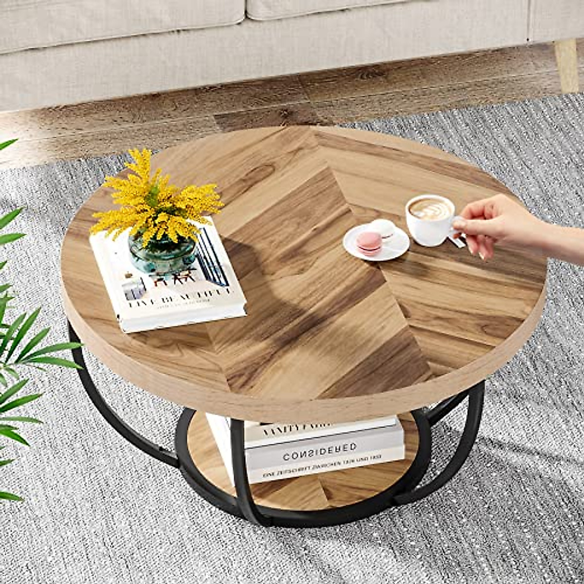 Tribesigns 31.7" Round Coffee Table, Industrial 2-Tier Circle Coffee Table with Storage Shelves, Modern Wooden Accent Center Table Sofa Side Table for Living Room, Home Office, Wooden Grain