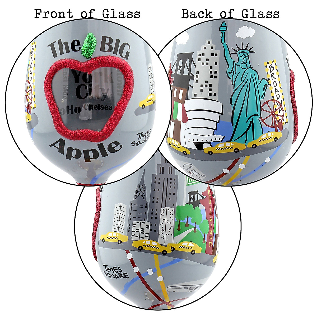 Top Shelf "The Big Apple" New York City Wine Glass ; Decorative Gift Ideas for Friends and Family ; Hand Painted ; For Red or White Wine