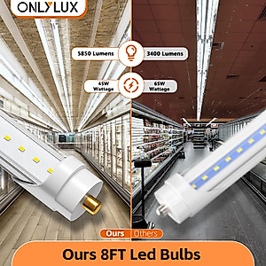 ONLYLUX 8 Foot Led Lights, T8 96" 45Watt FA8 Single Pin LED Shop Lights 5850LM, Ballast Bypass, 6000k, F96 8ft Led Bulbs Fluorescent Replacement,Workshop, Warehouse, Clear Cover(12 Pack)