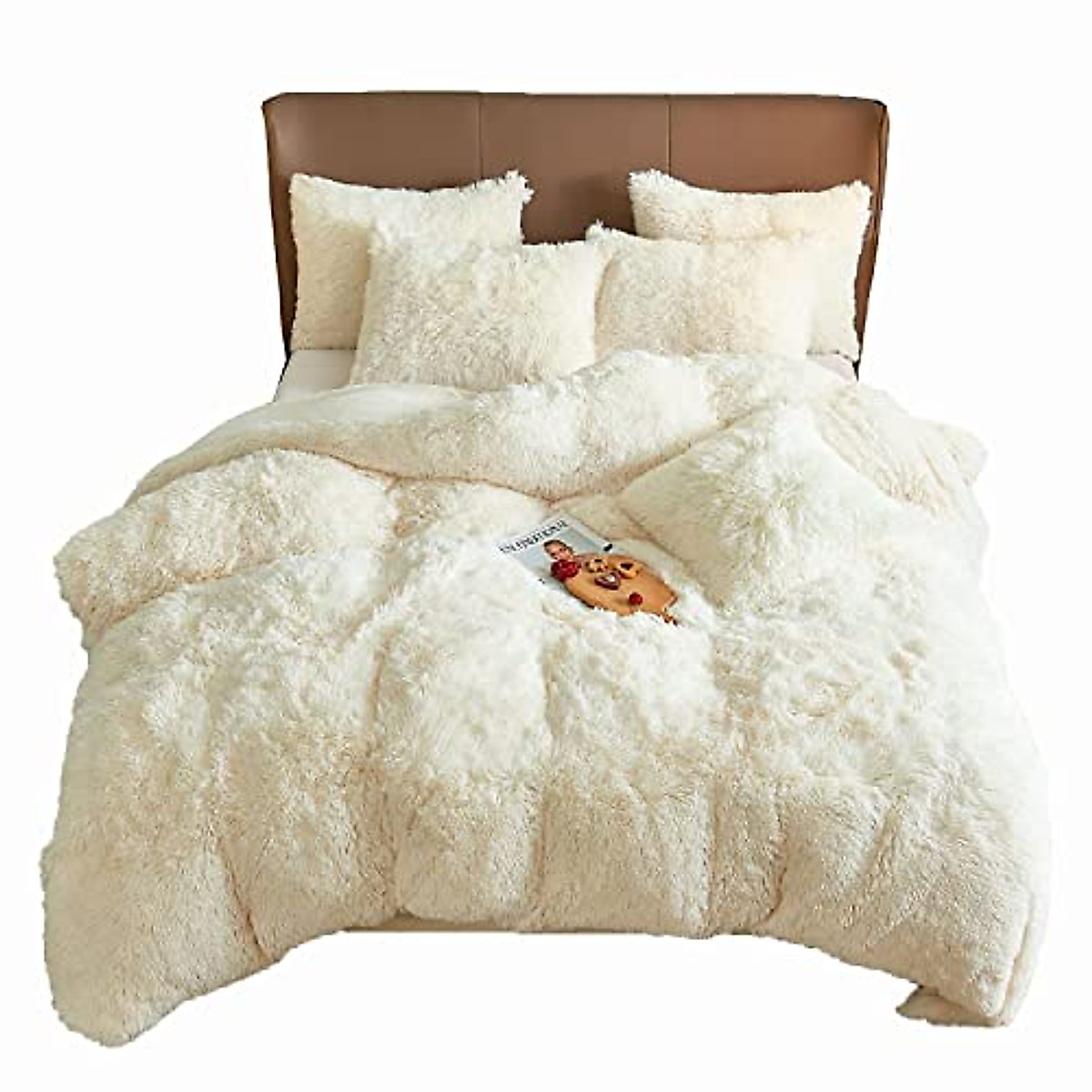 Plush Duvet Cover Set, Luxury Ultra Soft Velvet Duvet Cover Set Fluffy Plush Shaggy Bedding Sets 4 Pieces(1 Duvet Cover + 2 Pillow Case + 1 Pillow Cover) Zipper Closure (Queen, Light Beige)