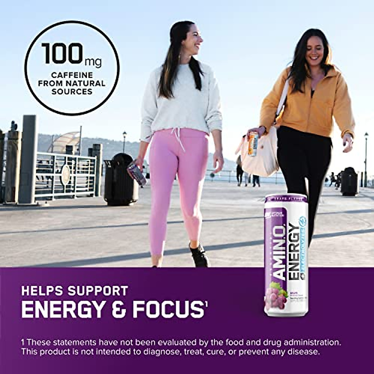 Optimum Nutrition Amino Energy Drink + Electrolytes for Hydration - Sugar Free, Amino Acids, BCAA, Keto Friendly, Sparkling Drink - Grape, Pack of 12 (Packaging May Vary)