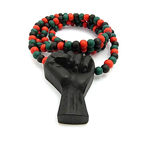 Hip Hop Rising Fist Pendant 8 mm 24, 27, 30 inches Wooden Bead Necklace (Multi Beads, 36)