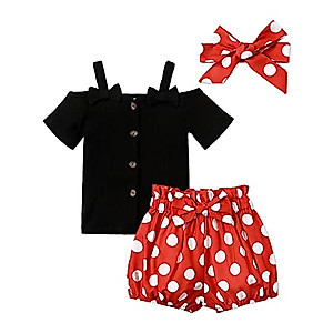 PATPAT Toddler Girl 3 Piece Outfit Button Front Short Sleeve Tee Top Shirt and Polka Dot Print Shorts Set Red 3 Years