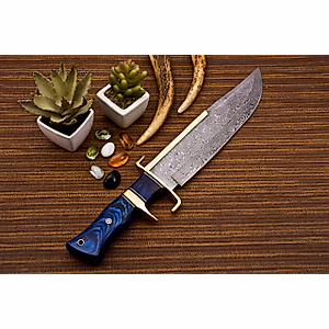NoonKnives: 15" Hand Made Damascus Steel Collectible TEXAS Bowie Knife Handle pakka wood with brass clip (blue) (blue taxas)