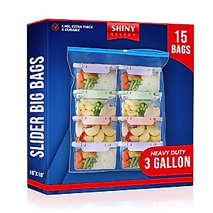 Shiny Select 3 Gallon Jumbo Slider Storage Bag, 16x18 Inches, 15 Bags – Resealable Extra Large Clear Plastic, 4 Mil Thick for Moving, Food Meal Preparation, Clothing, Toys, Shoes, Toiletries, Snacks