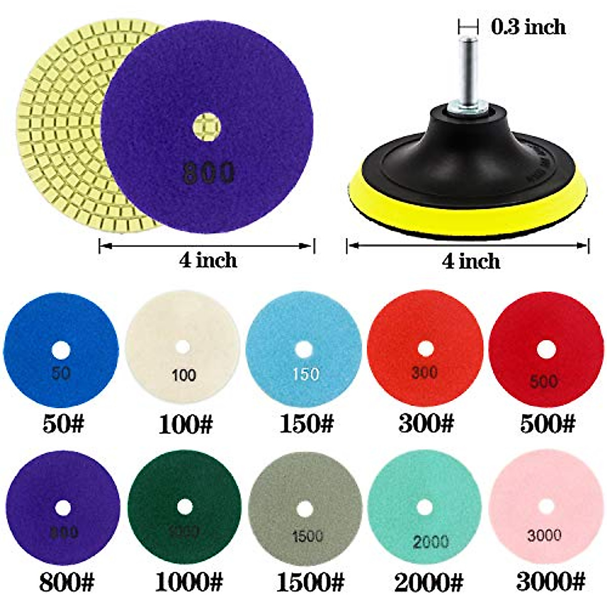 Tanzfrosch 12 Pack 4 inch Diamond Polishing Pads Set Wet/Dry Polishing Kit 10pcs 50#-3000# Grit Pads with 2pcs Hook and Loop Backer Pads for Granite Stone Concrete Marble Floor Grinder or Polisher