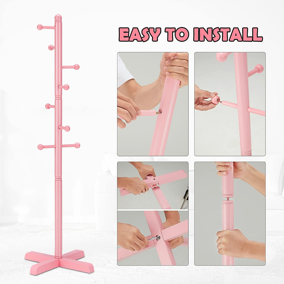 Azaeahom Cross Coat Rack Freestanding Clothing Hanger Home Racks, Wooden Coat Tree Stand with 8 Hooks 2 Adjustable Height, Easy Assembly in Entryway, Room for Hat, Umbrella etc (Pink)