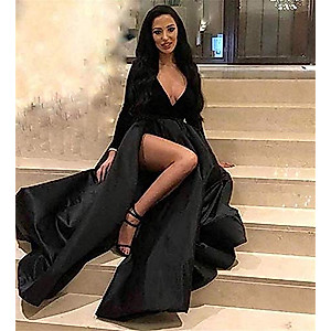 LL Bridal Long Satin Velvet Prom Dresses V Neck Long Sleeve High Slit Formal Evening Party Gowns Red-12