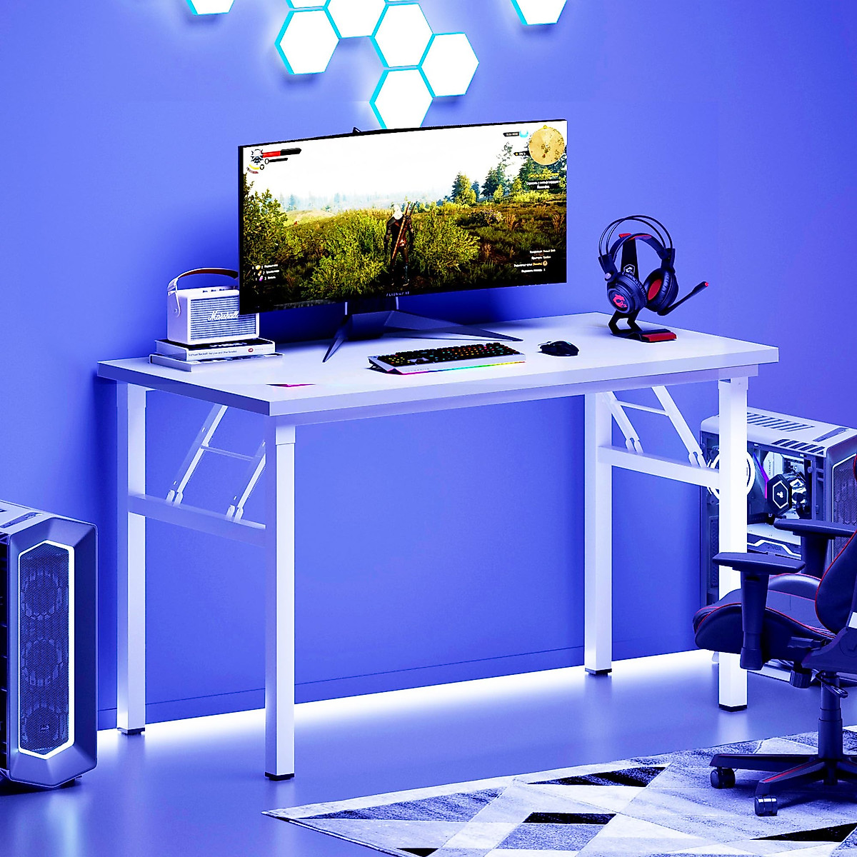 DlandHome Computer Desk Folding Table 39.4 inches Writing Desk for Small Space Folding Desk Laptop Desk No Assembly Required White&White