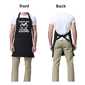 TRADFORE Grill Aprons for Men - I'm Well Seasoned - BBQ Aprons for Men, Grilling Aprons, Chef Cooking Apron with 2 Pockets & Adjustable Neck Strap for Grilling, Birthday Gifts for Dad, Mens