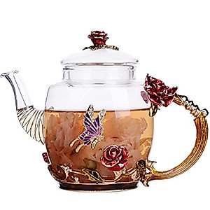 XUDREZ Teabloom Teapot Glass Blooming Tea Teapot for Women Blue Rose Floral Glass Teabloom Teapot with Gold for Mom Friend Christmas Birthday Anniversary, 2.44*4.72in (10.15oz/300ml Deep coffee color)
