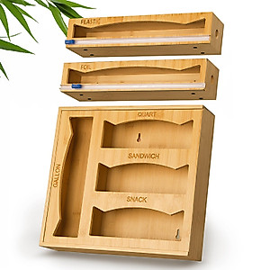 WHOMASS Foil and Plastic Wrap Organizer with Cutter 6 In 1 Bamboo Magnetic Storage Bag Organizer for Kitchen Drawer, Compatible with Gallon, Quart, Sandwich, Snack, Aluminum Foil