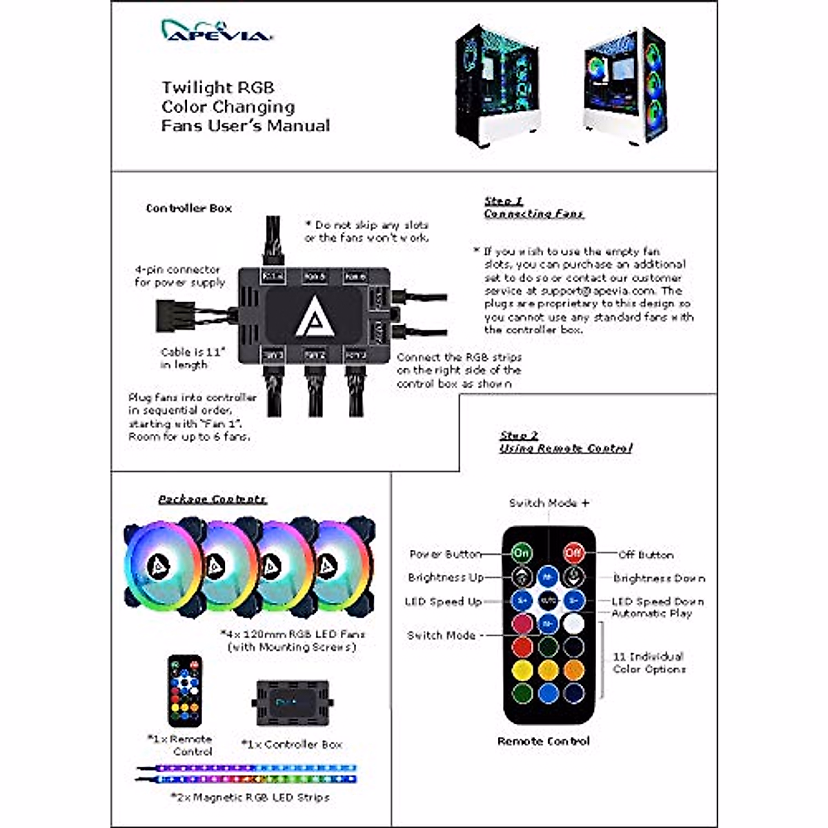 Apevia TL42-RGB Twilight 120mm Silent Dual-Ring RGB Color Changing LED Fan with Remote Control, 28x LEDs & 8X Anti-Vibration Rubber Pads w/ 2 Magnetic LED Strips (4+2-pk)