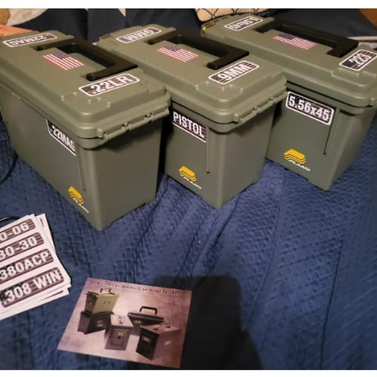 Aolamegs Ammo Can Vinyl Sticker Set Decal Label for Cans Cases Boxes .22 .223 .308 9MM .380 .45 5.56 7.62 12GA 300BLK (Choose Your Version）Black (80 Pack/16 Varieties (3 PCS USA FLAG STICKERS))