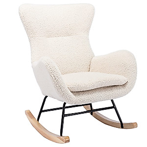 Dolonm Modern Nursery Rocking Chairs Upholstered Rocker Glider for Baby Nursery Teddy Fabric Armchair with High Back and Armrests Accent Chair Single Sofa Chair for Living Room Bedroom Balcony, Beige