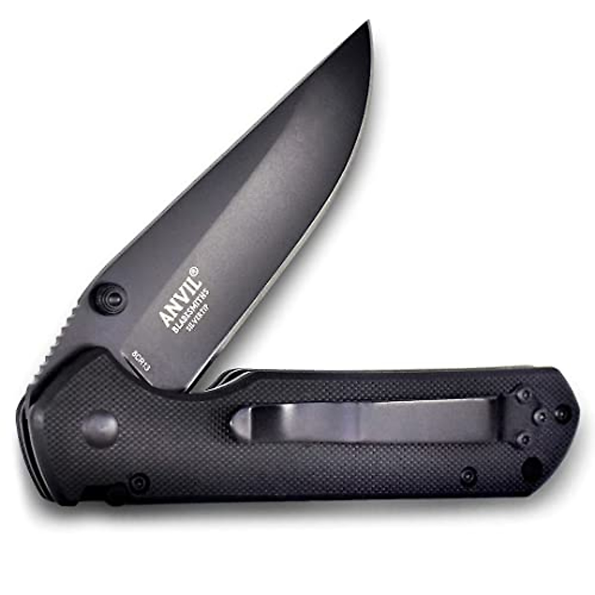 ANVIL BLADESMITHS ® - SILVERTIP - Pocket Knife, G-10 Black Handle, Straight Edge, Black Oxide Blade