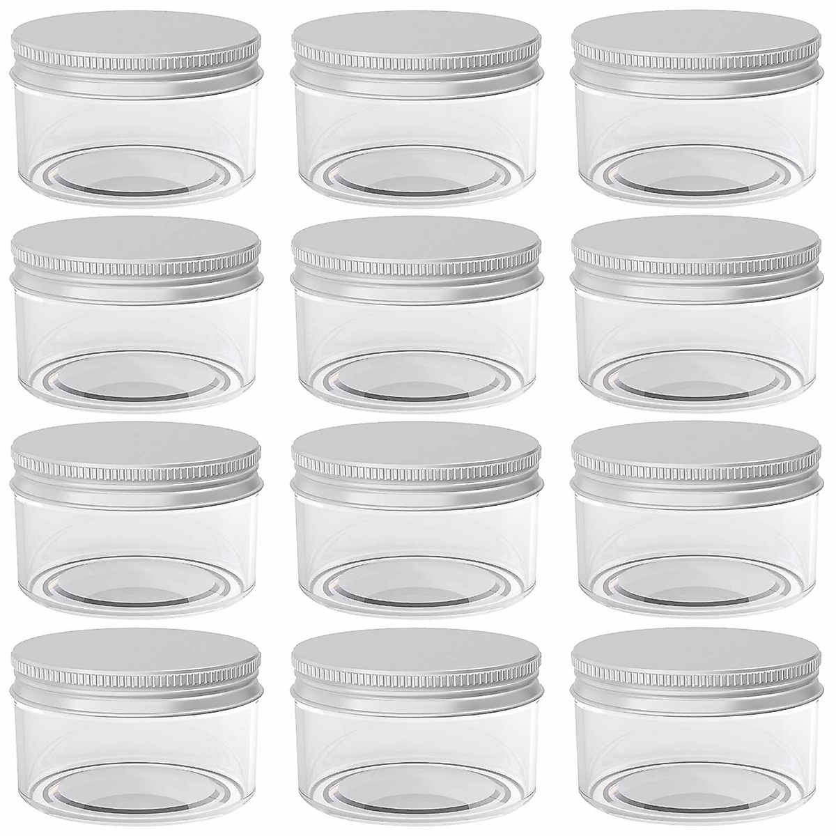 4 Ounce Plastic Container Jars Refillable Empty Cosmetic Containers for Cream, Lotion, Liquid, Ointments, Silver Lids 12 Pcs