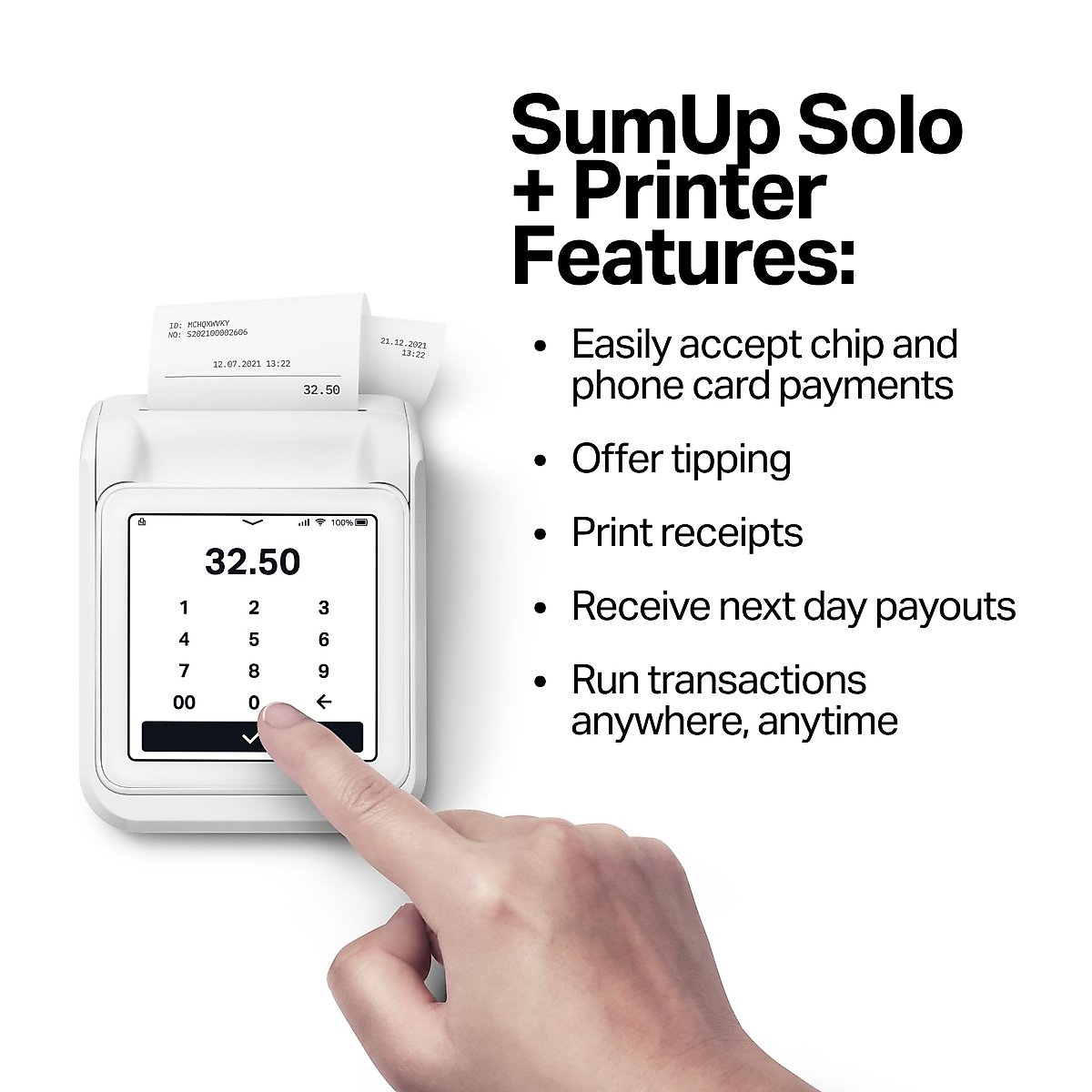 SumUp Solo + Printer Bundle - Credit Card Payment Card Reader. Full Touch-Screen Interface with Free SIM Card and Mobile Data (SumUp Solo + Printer)