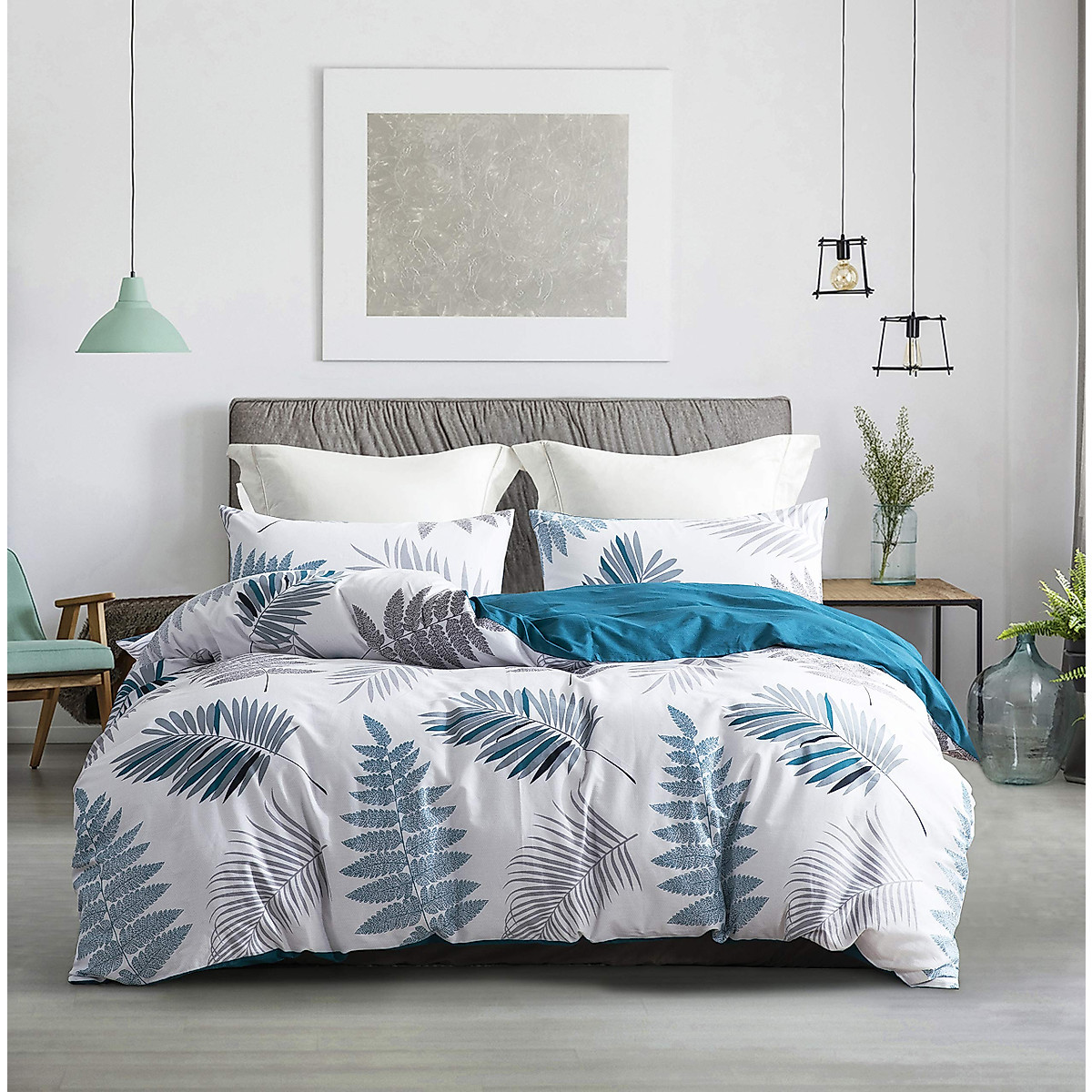 SLEEPBELLA Duvet Cover Full, 600 Thread Count Cotton Leaf Botanical Pattern Print Reversible Comforter Cover Set (Full, Teal Blue-Leaf)