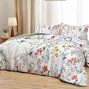 Floral Duvet Cover King Size - White Yellow Flowers and Green Leaf Spring Botanical Printed Microfiber Comforter Cover Set - 3PC 104X90 Soft and Lightweight Quilt Cover, Farmhouse Style for Women Men
