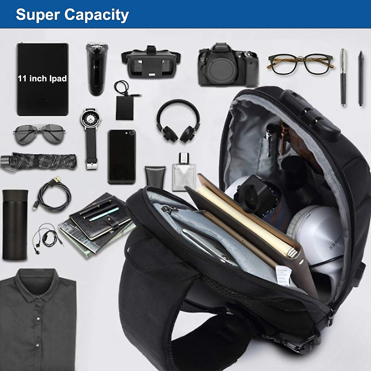 OZUKO Anti Theft Sling Bag Shoulder Crossbody Backpack, Waterproof Large Mens Sling Backpack Travel Hiking Chest Bag Daypack (Navy Blue)