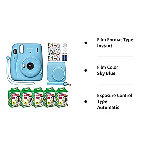Fujifilm Instax Mini 11 Instant Camera Sky Blue + Custom Case + Fuji Instax Film Value Pack (50 Sheets) Flamingo Designer Photo Album for Fuji instax Mini 11 Photos