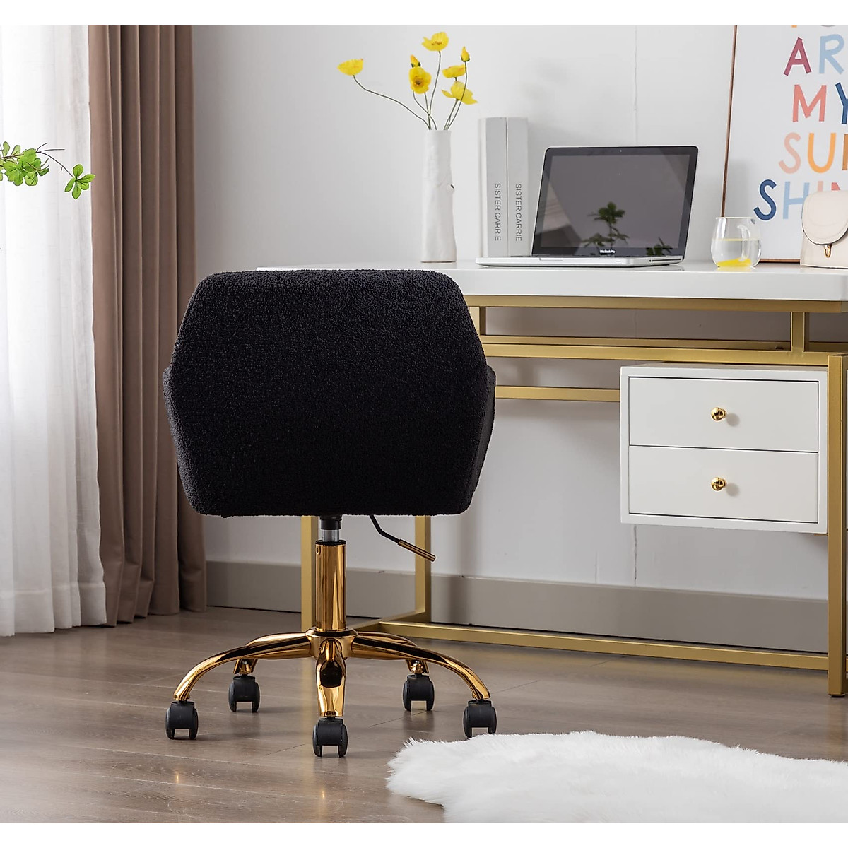 Modern Faux Fur Home Office Chair, Upholstered Swivel Chair Makeup Vanity Chair for Teen Girls Swivel Desk Chair with Gold Base, Height Adjustable Leisure Elegant Office Chair, Black