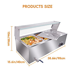 3-Pan Commercial Food Warmer, 36 Qt Electric Steam Table, Stainless Steel Bain Marie with Tempered Glass Cover, 1500W Countertop Food Warmer 86-185°F Temp Control for Catering, Restaurant, Silver