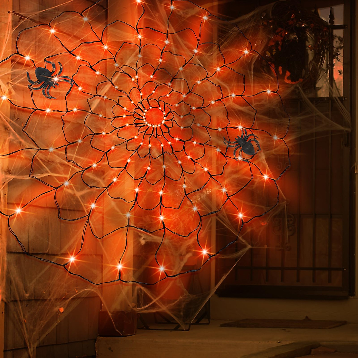 96 LED Halloween Spider Web Lights with Timer, 8 Modes Waterproof Light up Cobweb with Black Spider & DIY Cotton Net Battery Operated Halloween Decorations for Indoor Ourdoor Garden Yard Patio-Orange