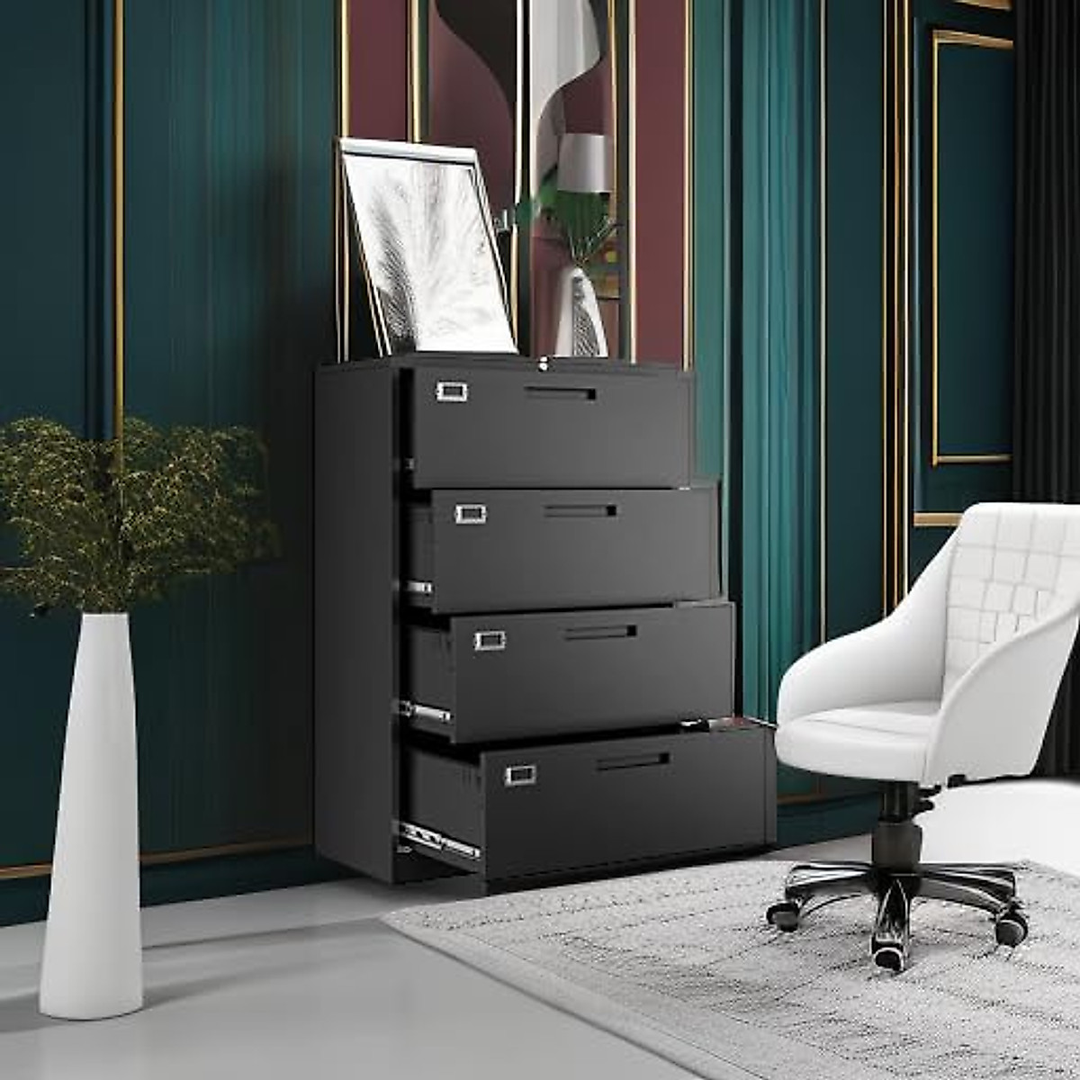 Letaya File Cabinets,4 Drawer Metal Lateral Filing Organization Storage Cabinets with Lock,Home Office for Hanging Files Letter/Legal/F4/A4 Size (Require Assembly)