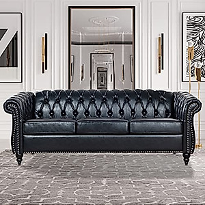 Vaztrlus Chesterfield Sofas for Living Room, Rolled Arm 3-Seater Leather 84" Large Couch Deep Button Nailhead Tufted Black Upholstered Couches for Bedroom, Office Apartment Easy to Assemble