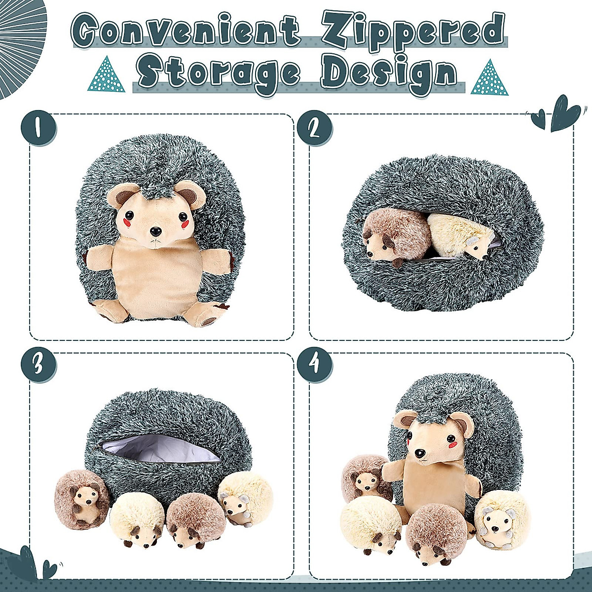 5 Pieces Hedgehog Stuffed Plush Toy Set 1 Mommy Hedgehog Stuffed Animal with 4 Cute Plush Baby Hedgehogs in Her Tummy 14 Inch Soft Cuddly Plushie Set for Boys and Girls Birthday Gifts Party Favors