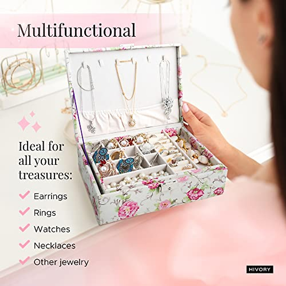 Jewelry Organizer Box - Women Two Layer Display Storage Case Large PU Leather Jewelry Holder with Lock for Earring Ring Necklace Bracelet, Beige White (Floral White)