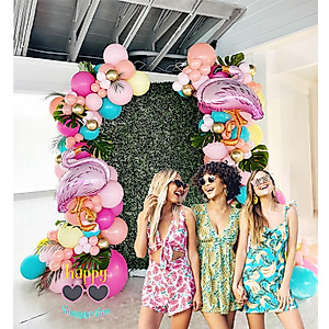 Yeewaka Tropical balloon Garland kit 145Pcs Hot pink Teal Yellow pink balloons foil flamingo balloons & Palm leaves For Summer by pool beach birthday decorations