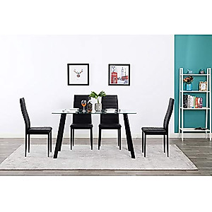 110cm Dining Table Set 5PCS Modern White Tempered Glass Dining Set with 4pcs PVC Leather Chairs Transparent & Creamy (Black)