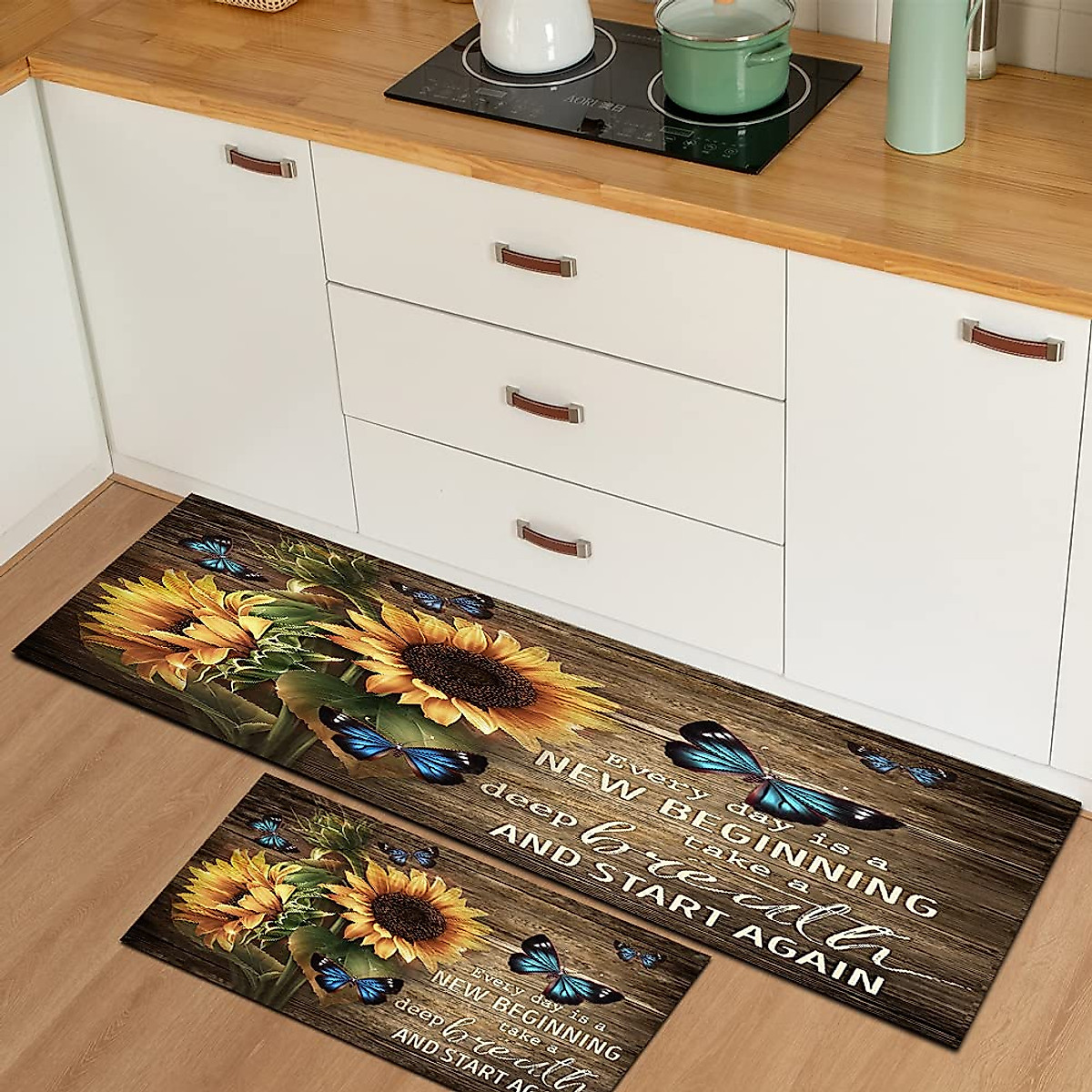 Kitchen Mats and Rugs 2 Pieces Cushioned Anti-Fatigue Floor Mat Sunflower Non-Slip Kitchen Rug Bathroom Mat Doormat Carpet Comfort Mat for Kitchen Floor Home Office Sink 17.5"X29"+17.5"X59" Brown