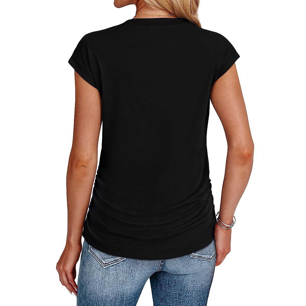 Womens Tops Summer Cap Sleeve Tops Trendy Loose Fit Tshirts Dressy Casual Shirts Fashion 2025 Vacation Outfits Clothing Black L