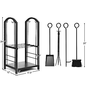 Tangkula Firewood Rack with 4 Fireplace Tools, Firewood Rack Bin Log Holder with Fire place Assecories Tools Set Includes Brush, Shovel, Poker, and Tongs(17.5 x 12 x 29.5 inches)