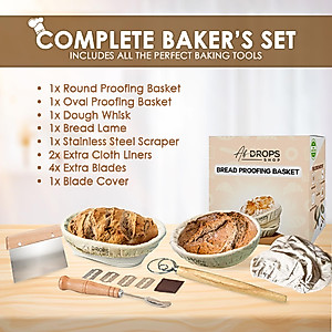 Premium Bread Banneton Proofing Basket Set of 2, 10 inch Round & Oval Cane Bread Proofing Baskets with 4 set cloth Sourdough Baskets Tools & Liners for Artisan Bread Making, Baking Supplies Kit