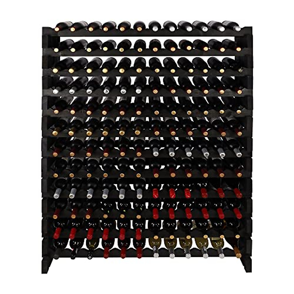DisplayGifts Stackable Modular Wine Pine Wood Rack Stackable Storage Stand Display Shelves Wobble-Free 12 Rows 144 Bottle Capacity Black