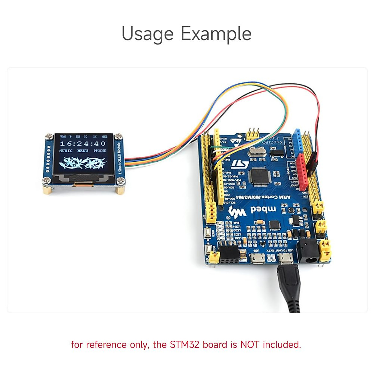 Waveshare 1.5inch OLED Display Module 128x128 Pixels 16-bit Grey Level with Embedded Controller Communicating via SPI or I2C Interface.