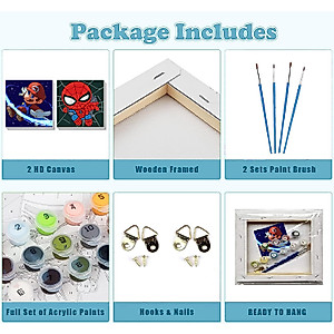 xackcme 2 Pack Cartoon Paint by Number for Kids with Wooden Frame-Cartoon Paint by Numbers for Kids Ages 4-8-12,Easy Paint with Numbers DIY Acrylic Oil Painting Kits for Home Wall Decor(8X8inch)