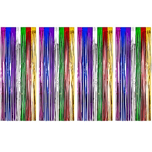 Sumind 4 Pack Foil Curtains Metallic Fringe Curtains Shimmer Curtain for Birthday Wedding Party Christmas Decorations (Rainbow)