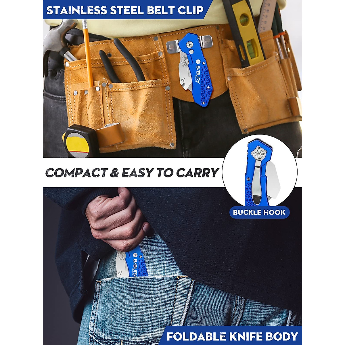 2 Pack BIBURY Utility Knife, Heavy Duty Folding Box Cutter, Pocket Carpet Knife with 20 Extra SK5 Stainless Steel Blades, Easy Release Button, Belt Clip, Quick Change, Blade Storage in Handle Design