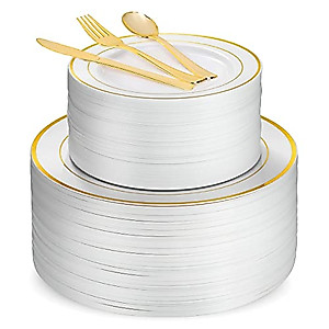 125 Piece Gold Dinnerware Party Set - 50 Gold Rim Plastic Plates, 25 Dinner 25 Dessert Plates, 75 Gold Silverware, 25 Knives, 25 Forks, 25 Spoons - 25 Guest Disposable Set for Wedding Birthday Parties