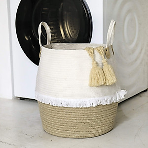 LA JOLIE MUSE Woven Blanket Basket Living Room, Decorative Nursery Laundry Hamper for Clothing Plant Toys Storage, Large Cotton Rope Basket with Jute, 16”15”12”,Off White & Jute